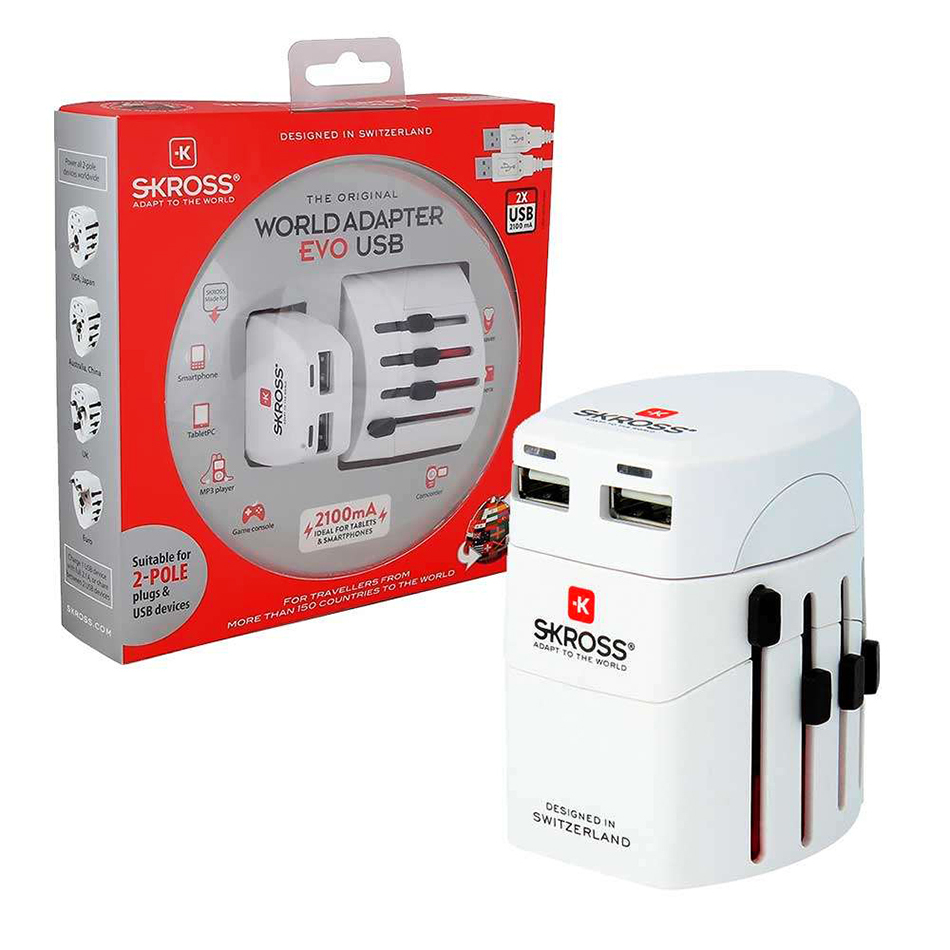 SKROSS EVO World Travel Adapter & USB Charger (2-Pole)