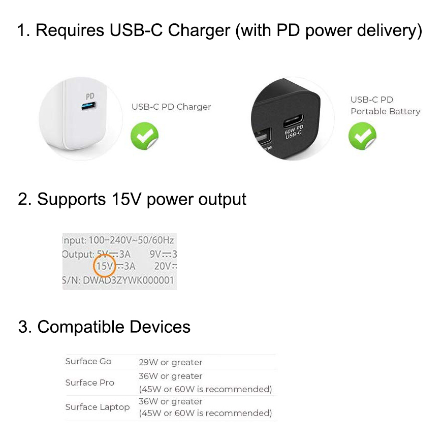 USB Type-C Charging Cable for Microsoft Surface Pro / Book / Go