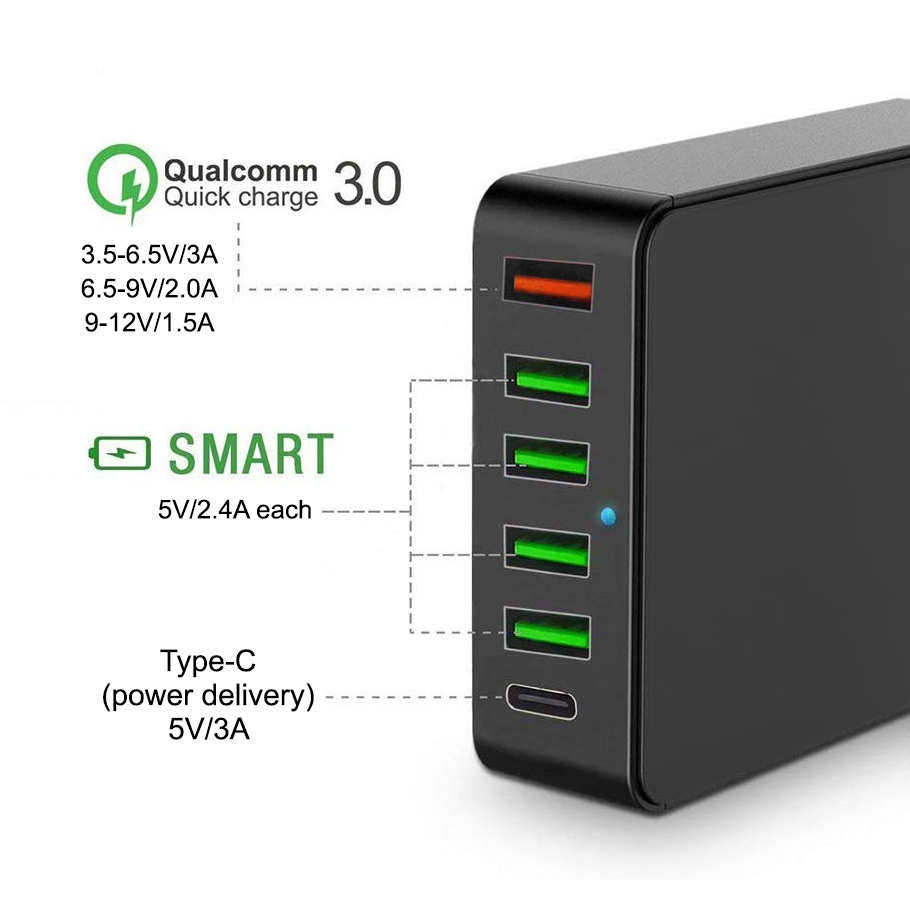 60W (6-Port) USB Type-C Fast Charging Station / Quick Charge 3.0