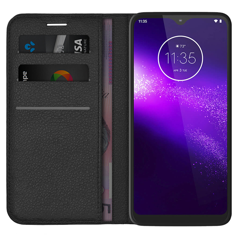 Leather Wallet Case for Motorola One Macro (Black)