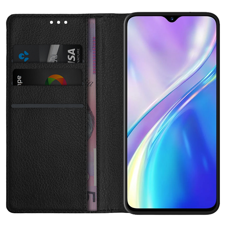 Leather Wallet Case for realme XT (Black)
