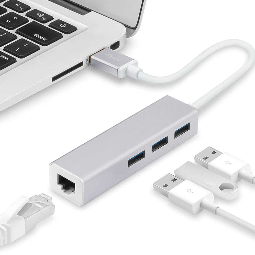 Aluminium 3-Port USB 3.0 / RJ45 Ethernet Hub for MacBook / Laptop