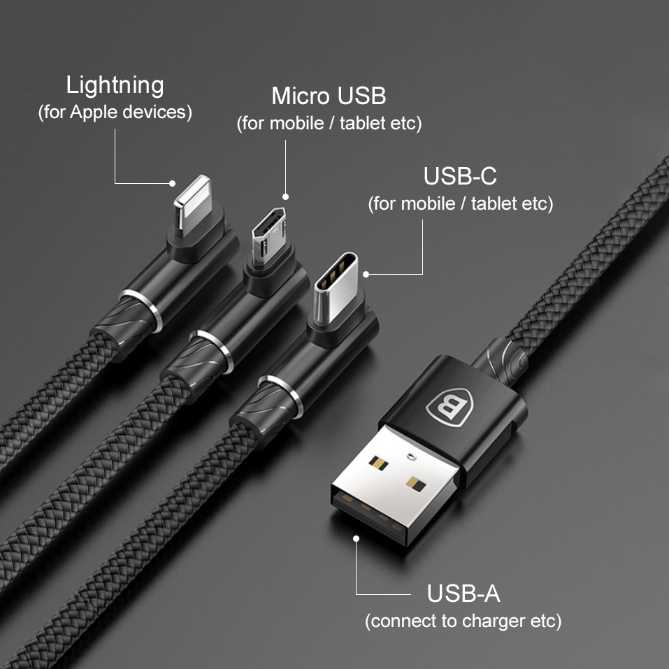 Baseus MVP 90 Degree USB Type-C / Lightning / Micro Cable (1.2m)