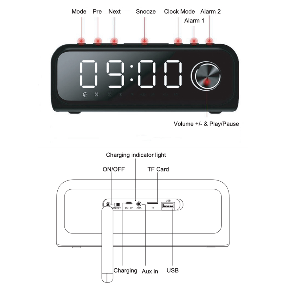 Laser Wireless Charger Alarm Clock Radio Bluetooth Speaker (Red)