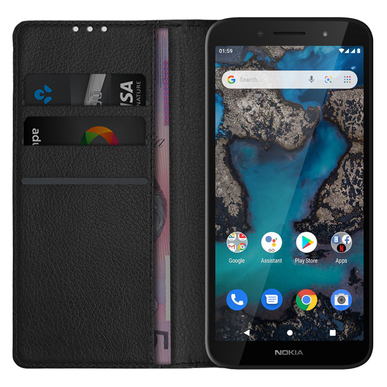 Leather Wallet Case for Nokia C1 Plus (Black)