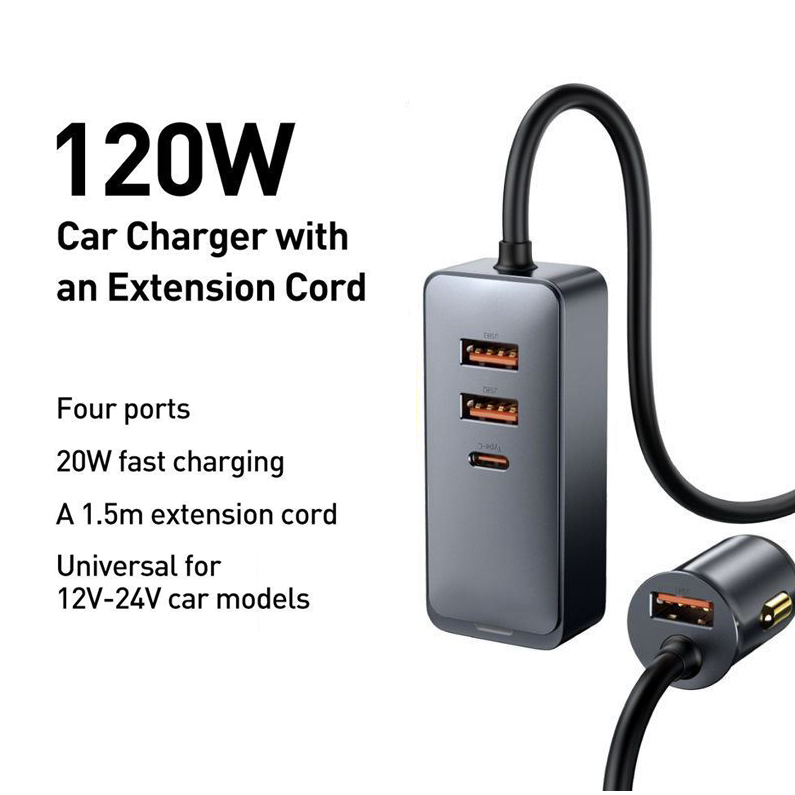Baseus 120W 4-Port USB Type-C Car Charger Extension Cable (1.5m)
