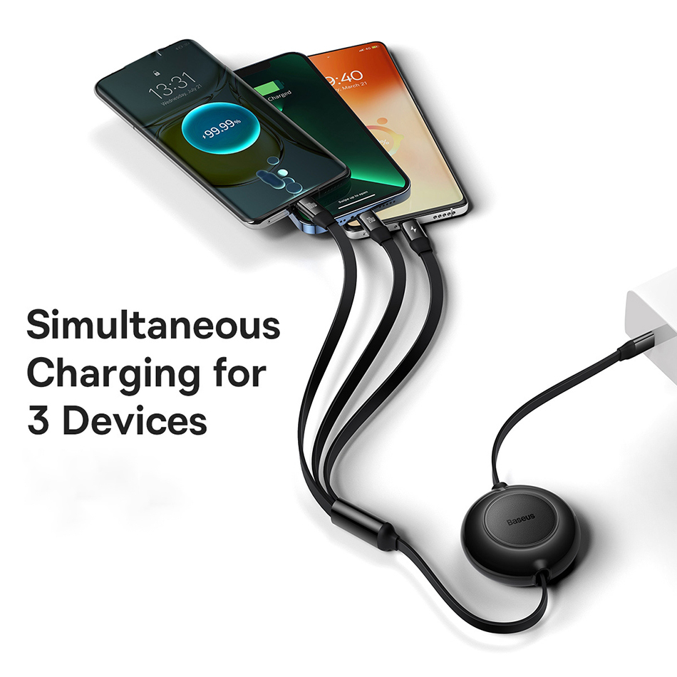 Baseus (3-in-1) 100W Retractable USB Type-C Lightning Micro Cable