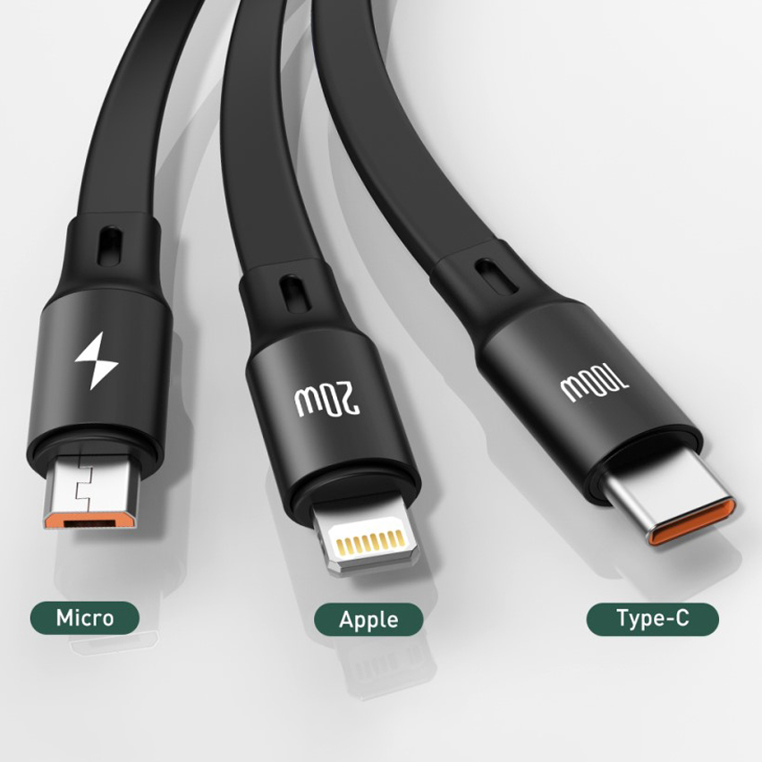 Baseus (3-in-1) 100W Retractable USB Type-C Lightning Micro Cable