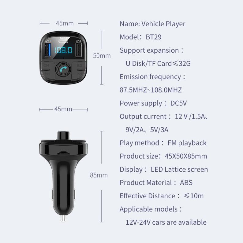FM Radio Car Bluetooth Audio Transmitter / USB-C Charger / QC3.0