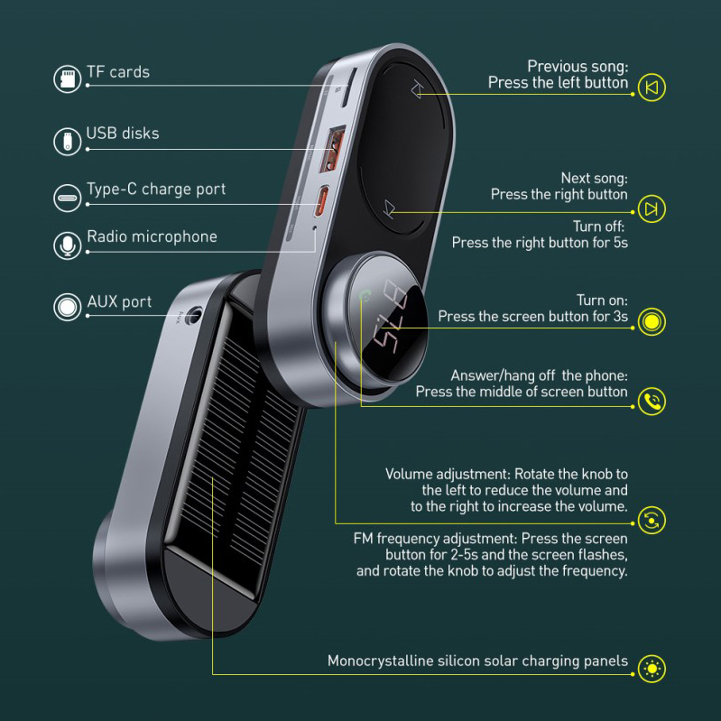 Baseus Solar Power Audio Player FM Radio Bluetooth 5.0 / SD Card