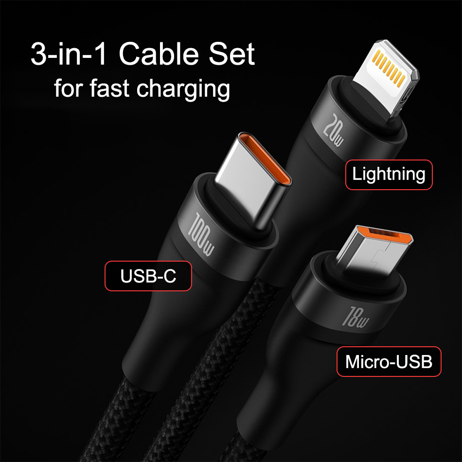 Baseus Two-for-Three 100W USB Type-C / Lightning / Micro Cable