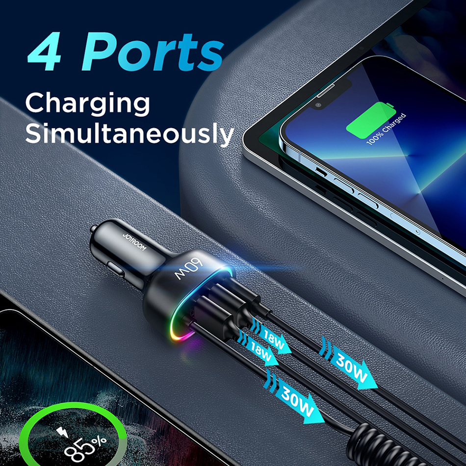 Joyroom (4-in-1) 60W USB Type-C Car Charger Coiled Cable (1.6m)