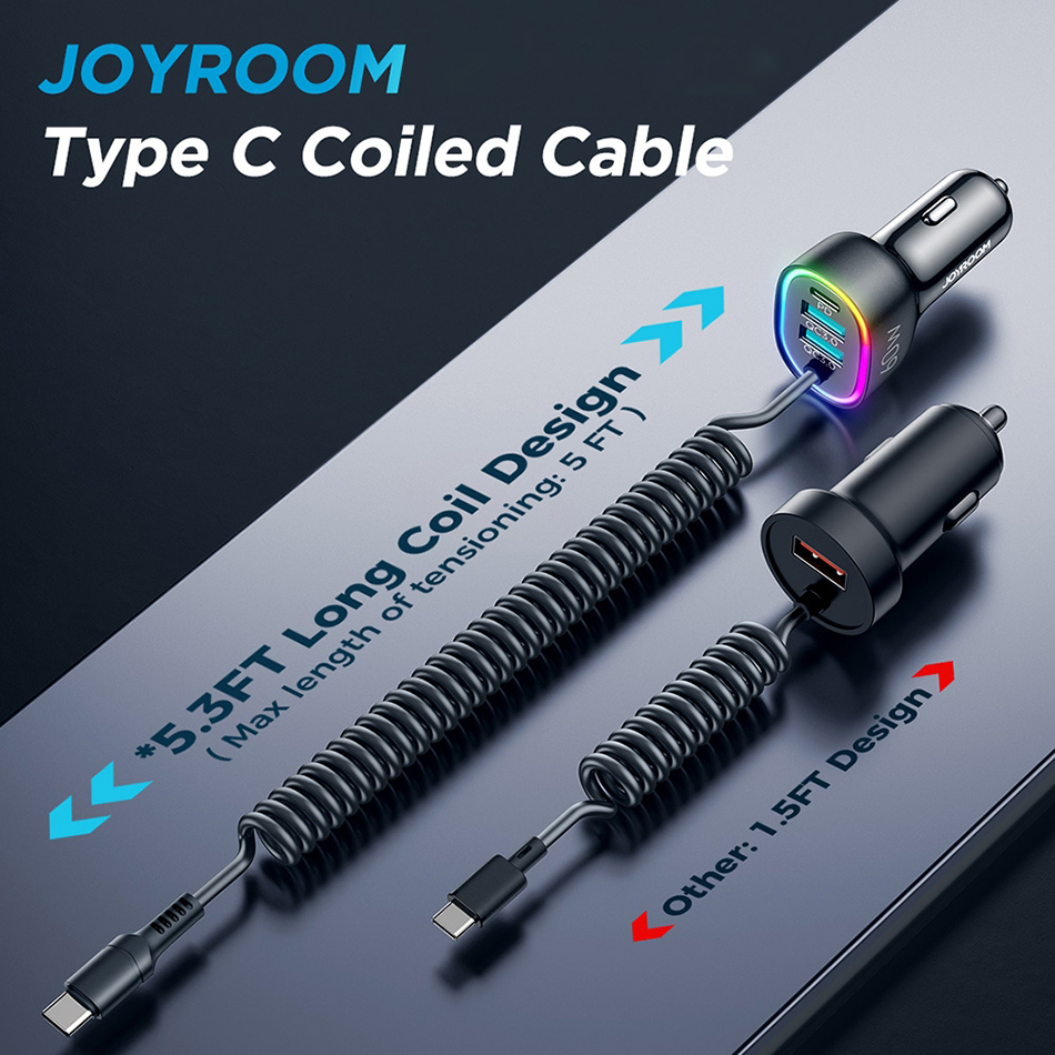 Joyroom (4-in-1) 60W USB Type-C Car Charger Coiled Cable (1.6m)