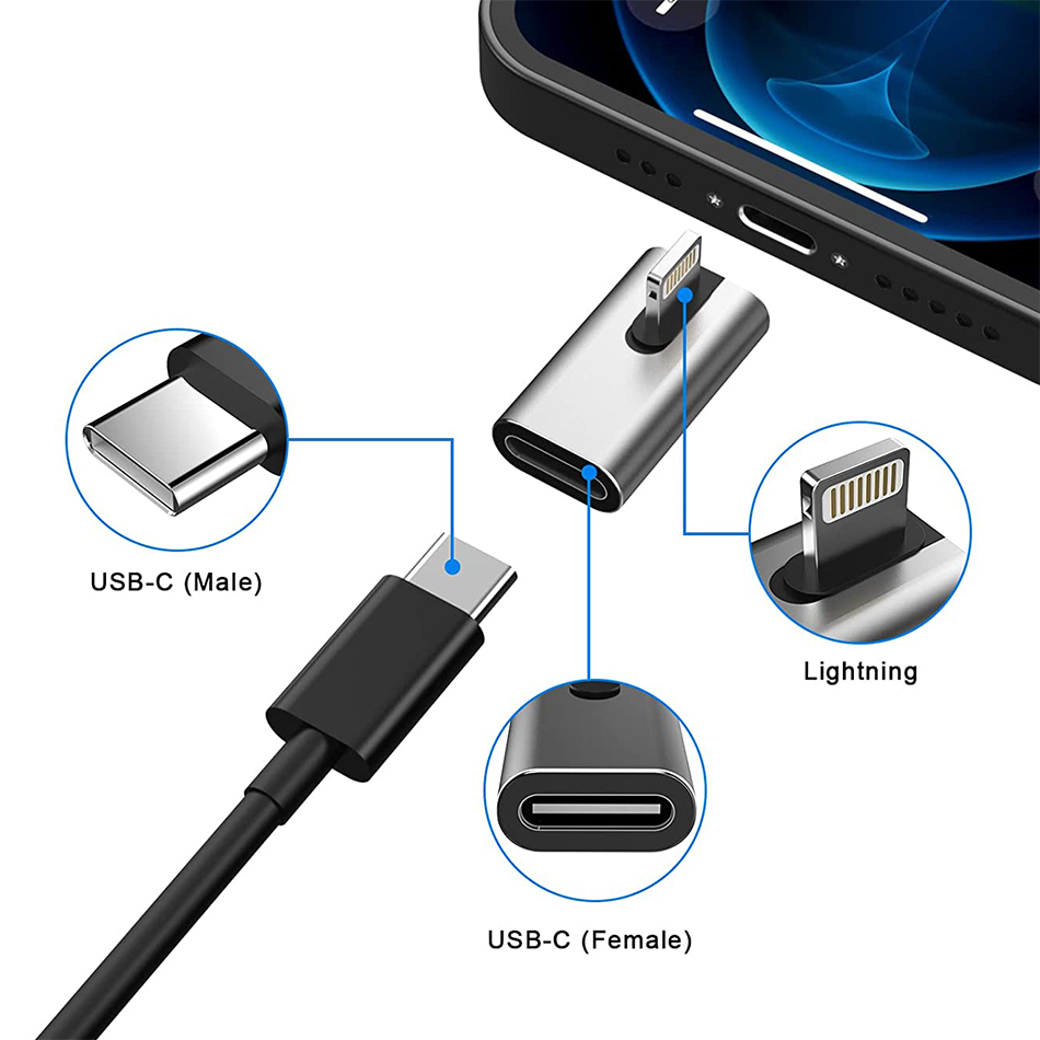 20W Right Angle USB Type-C Female to Lightning Adapter for iPhone