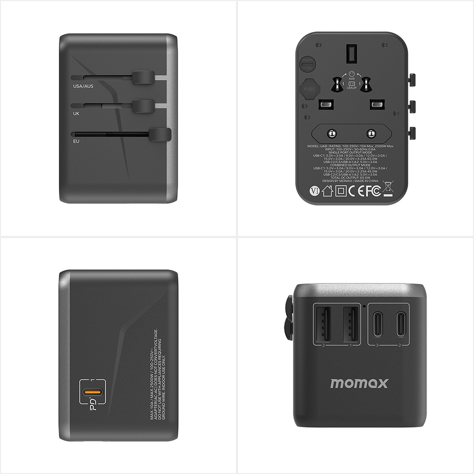 Momax 1-World 65W GaN PD 5-Port USB Type-C Charger Travel Adapter