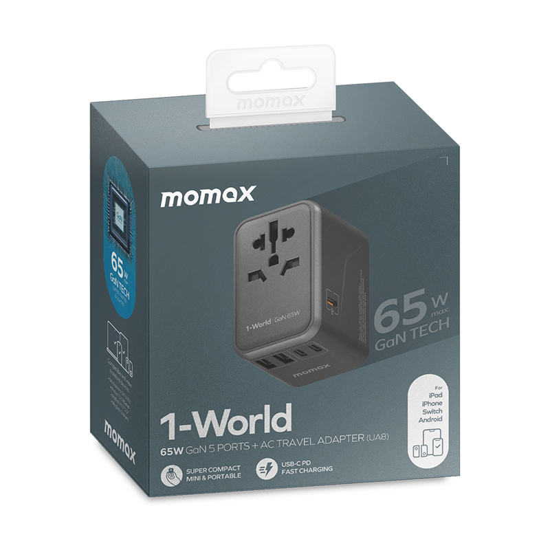 Momax 1-World 65W GaN PD 5-Port USB Type-C Charger Travel Adapter