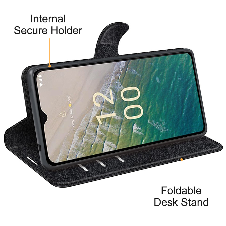 Leather Wallet Case for Nokia C32 (Black)