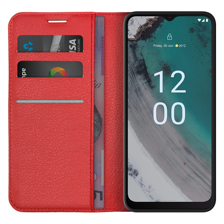 Leather Wallet Case for Nokia C32 (Red)