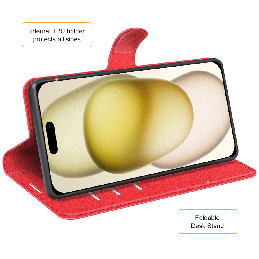 Leather Wallet Case for Apple iPhone 15 Plus (Red)