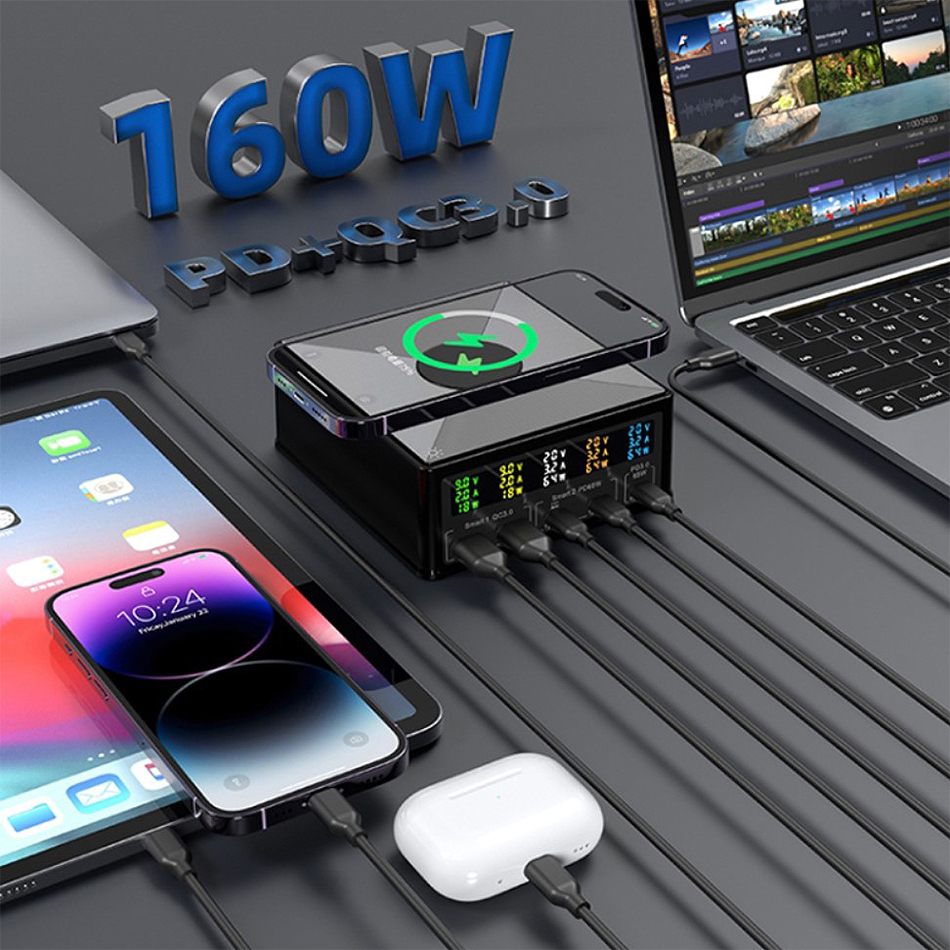 6-in-1 160W Charging Station USB Type-C QC 3.0 / Wireless Charger