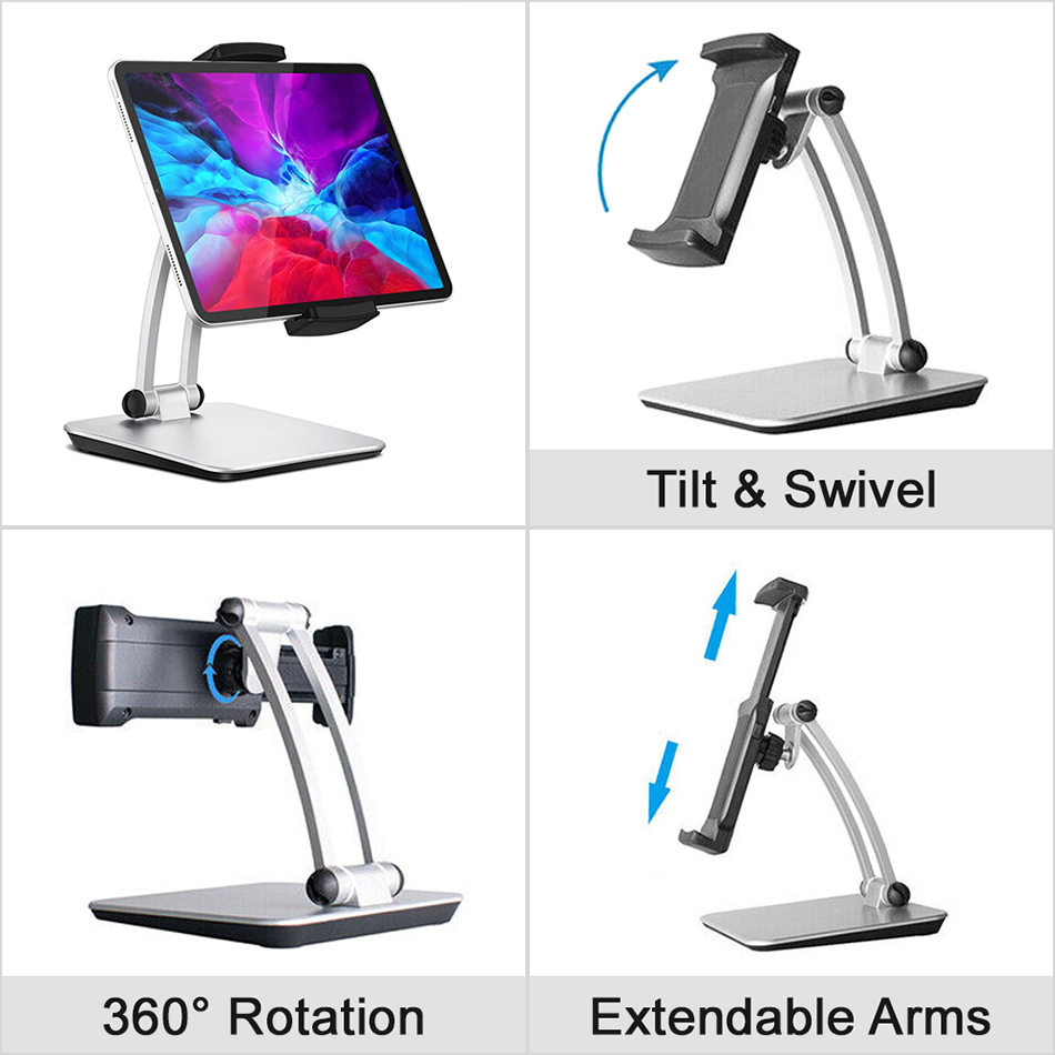 Foldable Tablet Desk Stand 360 Rotating Holder for iPad (Silver)