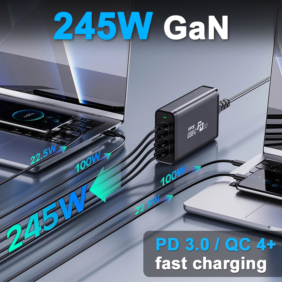 (245W) GaN 3 (4-Port) USB Type-C PD 3.0 / QC 4.0 Charging Station