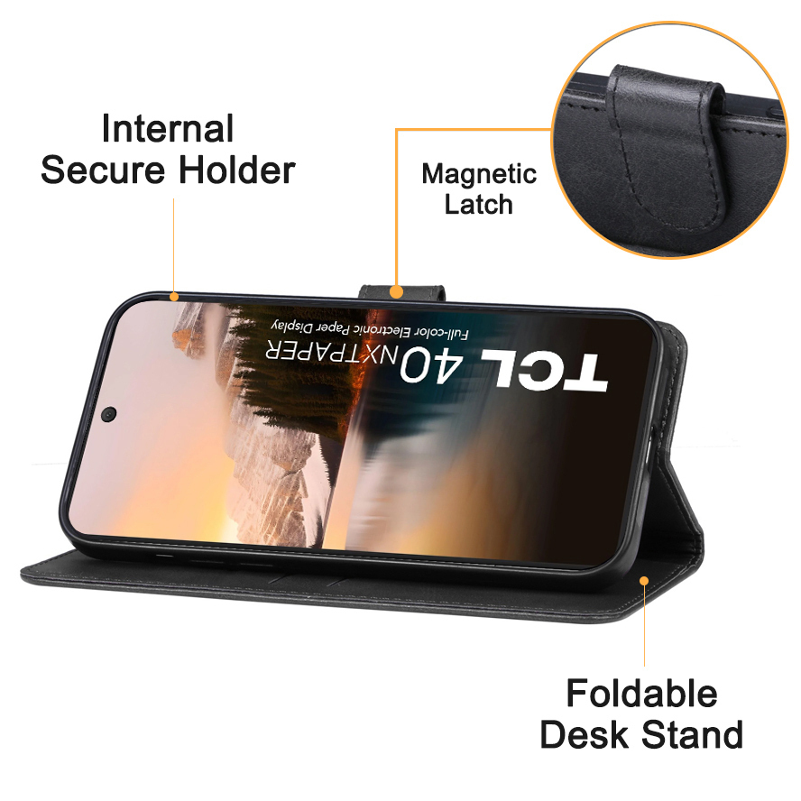 Leather Wallet Case for TCL 40 NxtPaper (Black)
