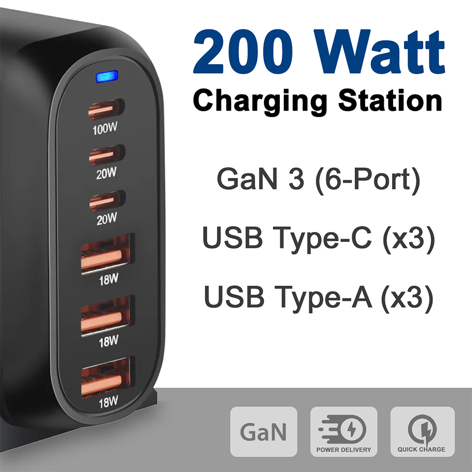 (200W) GaN 3 (6-Port) USB Type-C PD 3.0 Charging Station