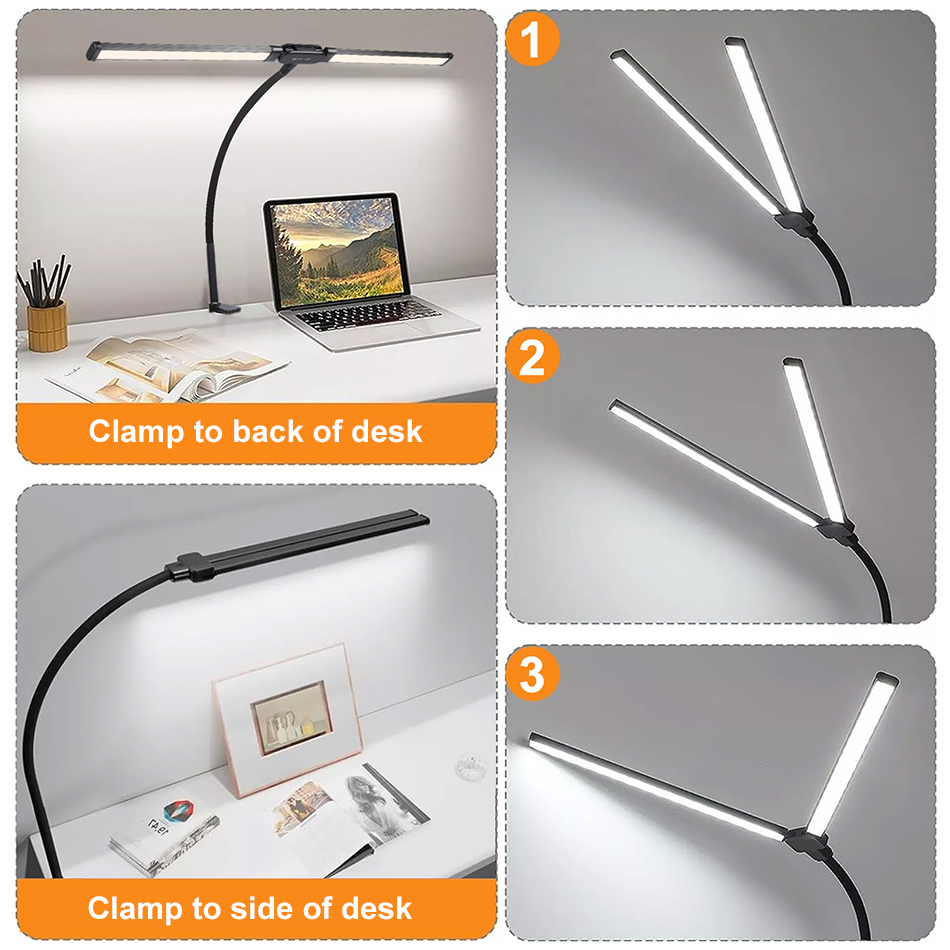 Dual Head LED Desk Lamp / Flexible Gooseneck Arm / Table Clamp