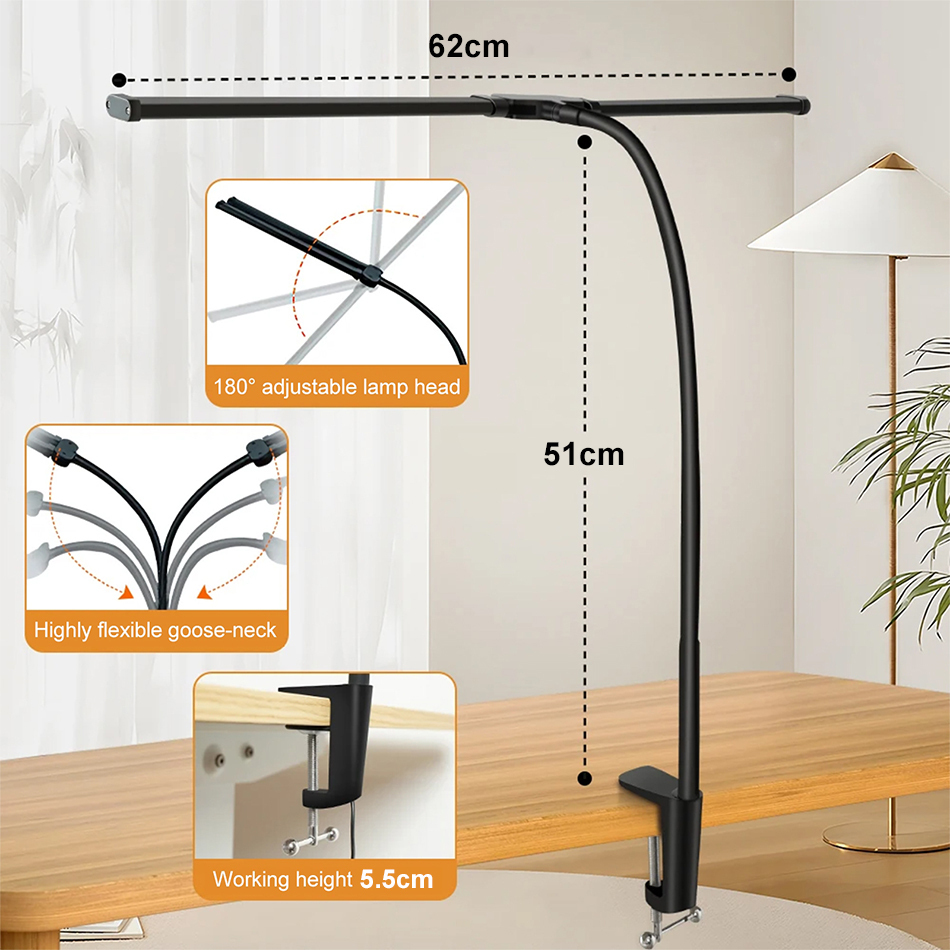 Dual Head LED Desk Lamp / Flexible Gooseneck Arm / Table Clamp