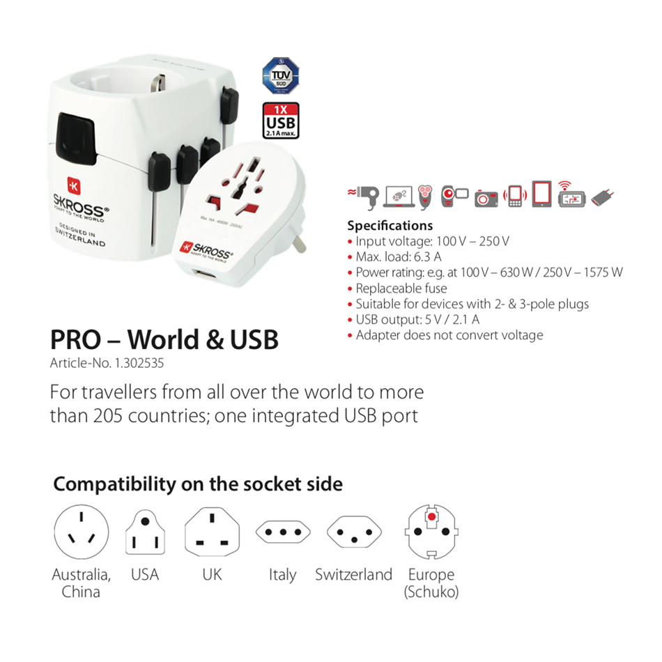 SKROSS PRO World USB Travel Adapter High Power Charger (3-Pole)