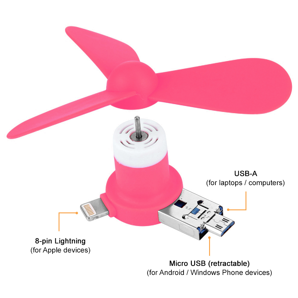 4-in-1 Portable USB Mini Fan Attachment for Phones (Hot Pink)