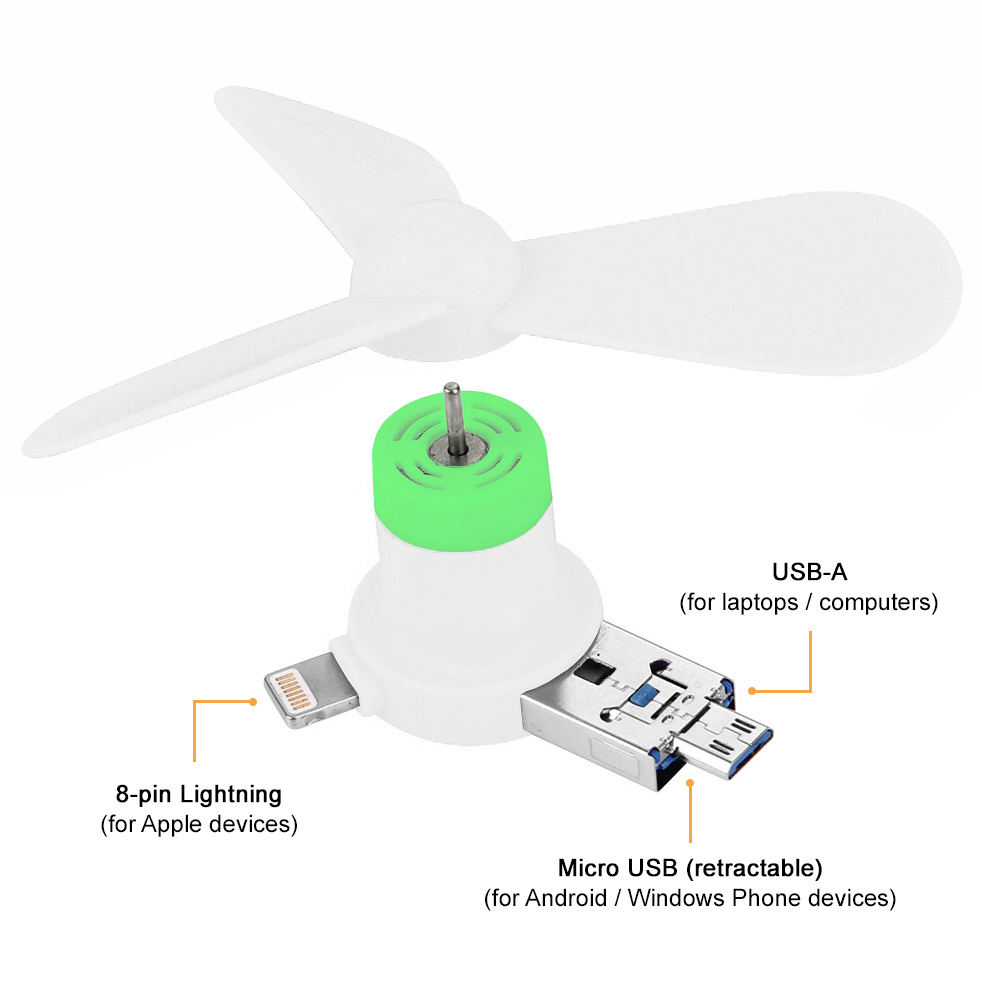 4-in-1 Portable USB Mini Fan Attachment for Phones (White)