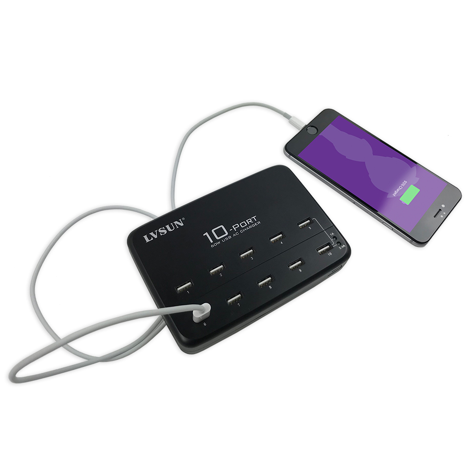 60W 10-Port USB Charger Station & Type-C for Phones / Tablets