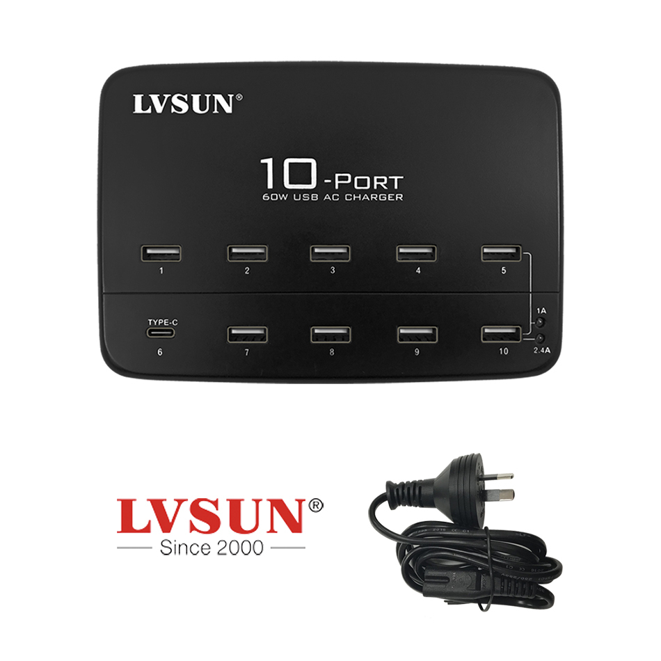 60W 10-Port USB Charger Station & Type-C for Phones / Tablets