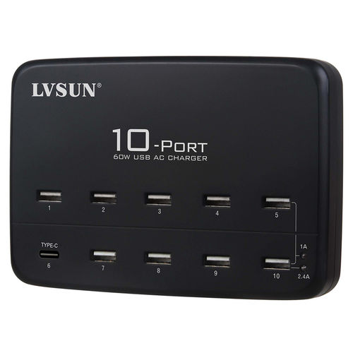 60W 10-Port USB Charger Station & Type-C for Phones / Tablets
