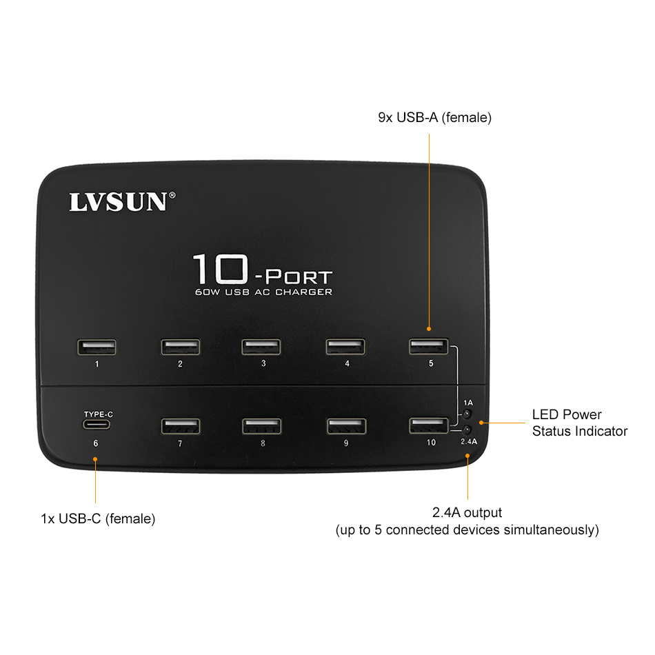 60W 10-Port USB Charger Station & Type-C for Phones / Tablets