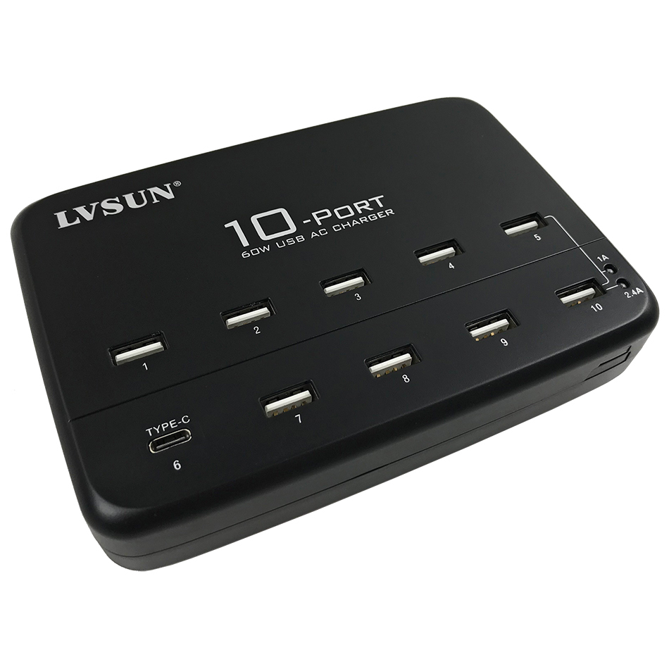 60W 10-Port USB Charger Station & Type-C for Phones / Tablets