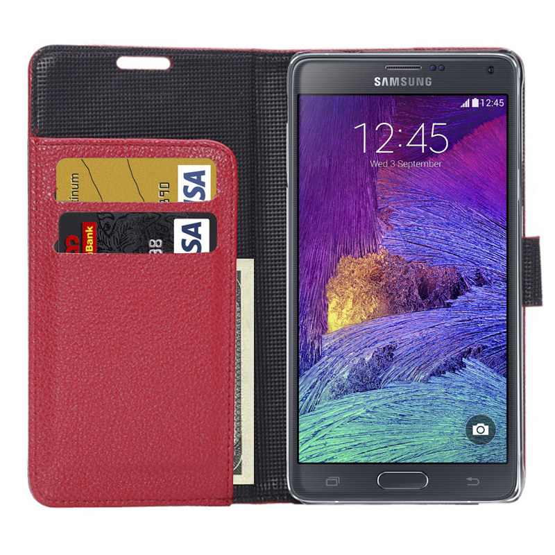 Leather Wallet Case for Samsung Galaxy Note 4 (Red)