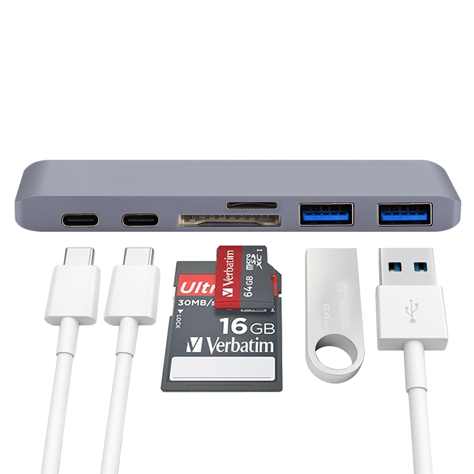 6-in-1 Dual USB Type-C / USB 3.0 MicroSD Card Reader Adapter Hub