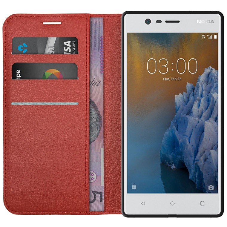 Leather Wallet Case for Nokia 3 (Red)