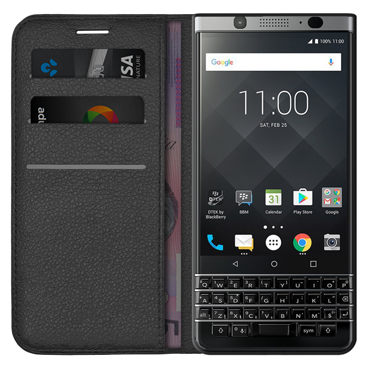 Leather Wallet Case for BlackBerry KEYone (Black)
